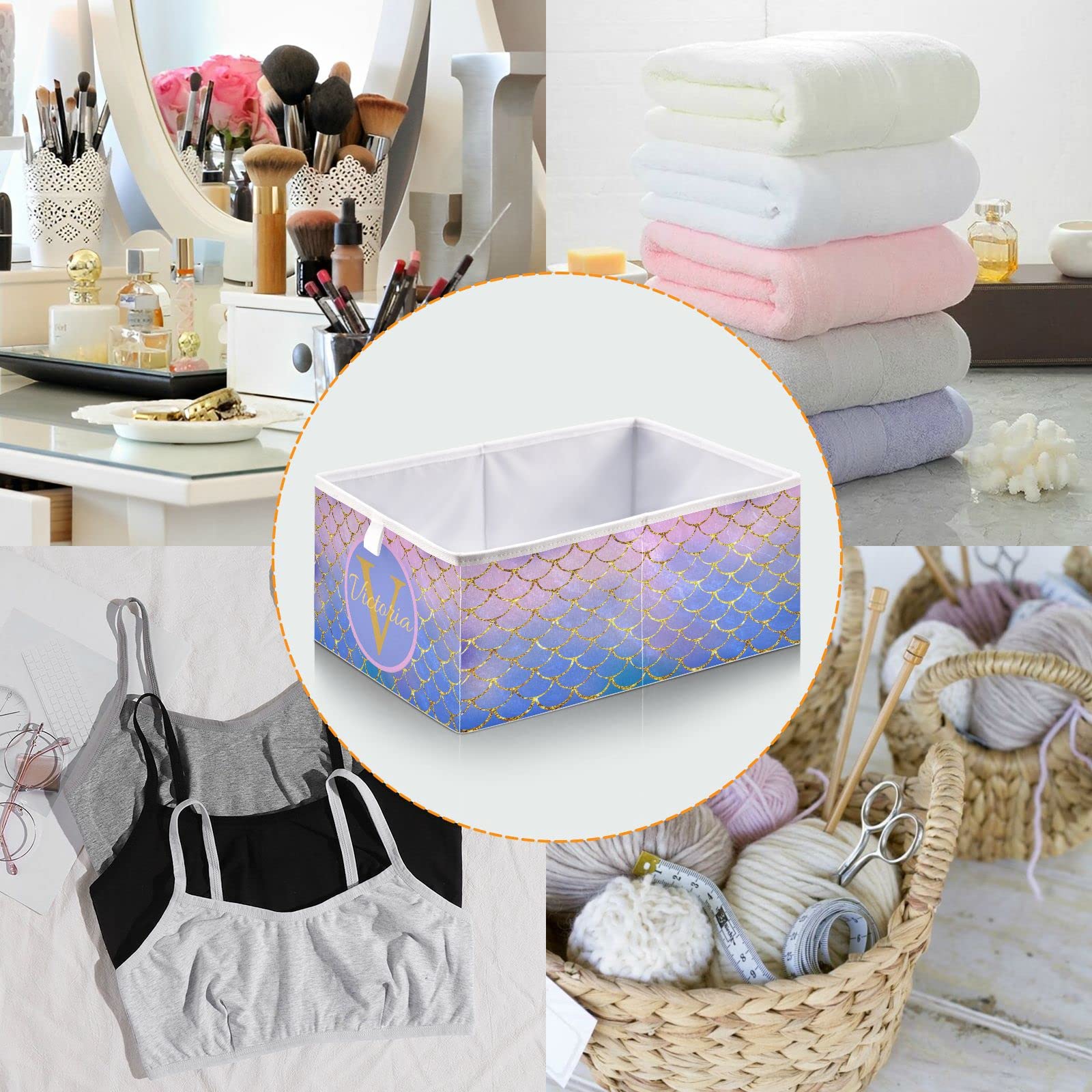 Custom Mermaid Fish Scales Storage Baskets for Shelves Personalized Foldable Collapsible Storage Box Bins with Cubes Toys Closet Organizers for Pantry Organizing Shelf Nursery Home Closet,11 x 11inch