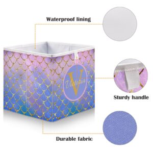 Custom Mermaid Fish Scales Storage Baskets for Shelves Personalized Foldable Collapsible Storage Box Bins with Cubes Toys Closet Organizers for Pantry Organizing Shelf Nursery Home Closet,11 x 11inch