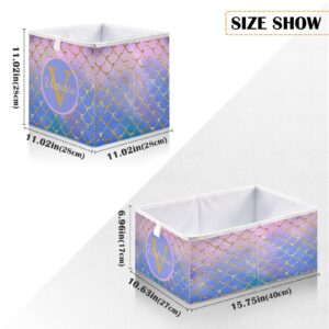 Custom Mermaid Fish Scales Storage Baskets for Shelves Personalized Foldable Collapsible Storage Box Bins with Cubes Toys Closet Organizers for Pantry Organizing Shelf Nursery Home Closet,11 x 11inch