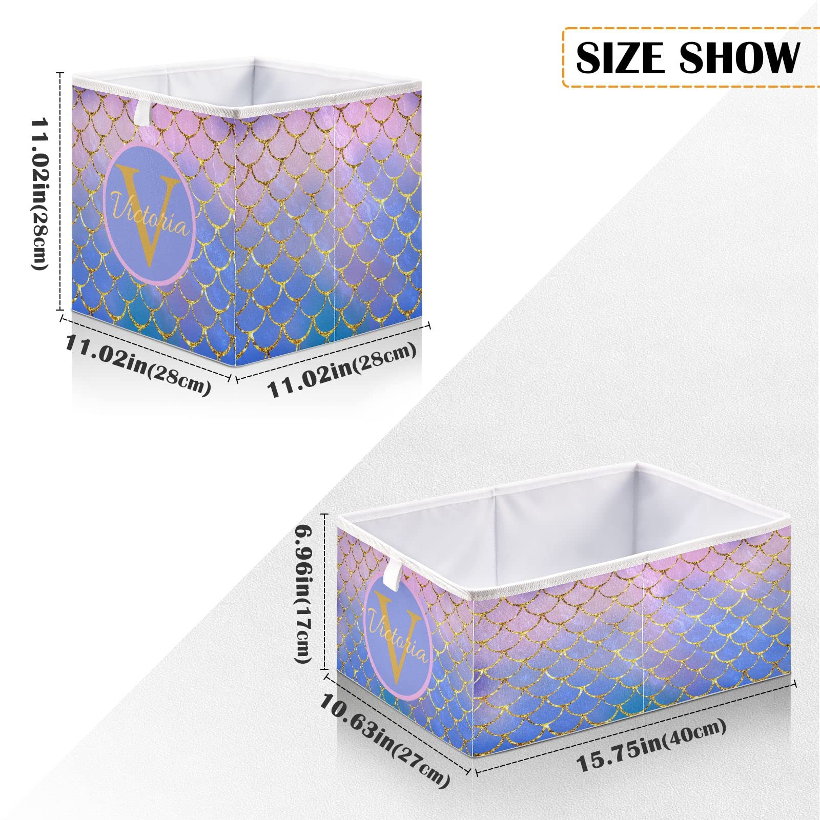 Custom Mermaid Fish Scales Storage Baskets for Shelves Personalized Foldable Collapsible Storage Box Bins with Cubes Toys Closet Organizers for Pantry Organizing Shelf Nursery Home Closet,11 x 11inch