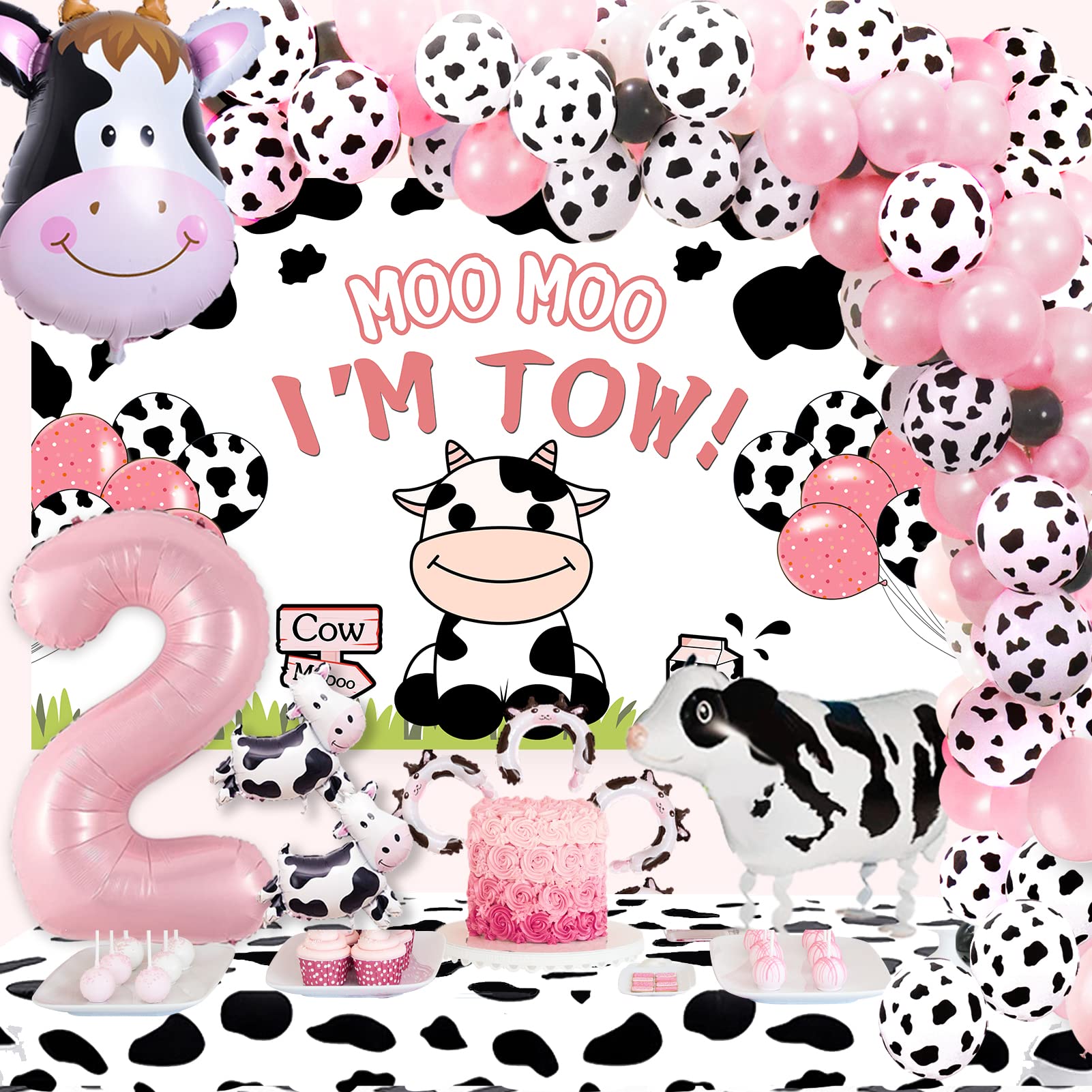 Roetyce Cow 2nd Birthday Decorations for a Girl, Moo Moo I'm Two Birthday Decorations Girl Boy Cow 2nd Birthday Party Supplies, Cow Two Birthday Banner and Cow Balloons for Cow Themed Birthday Decor