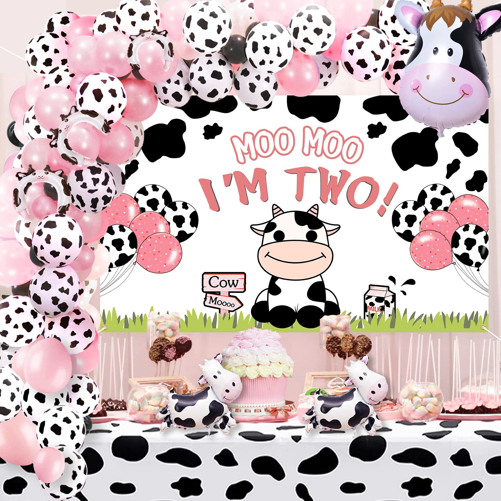 Roetyce Cow 2nd Birthday Decorations for a Girl, Moo Moo I'm Two Birthday Decorations Girl Boy Cow 2nd Birthday Party Supplies, Cow Two Birthday Banner and Cow Balloons for Cow Themed Birthday Decor