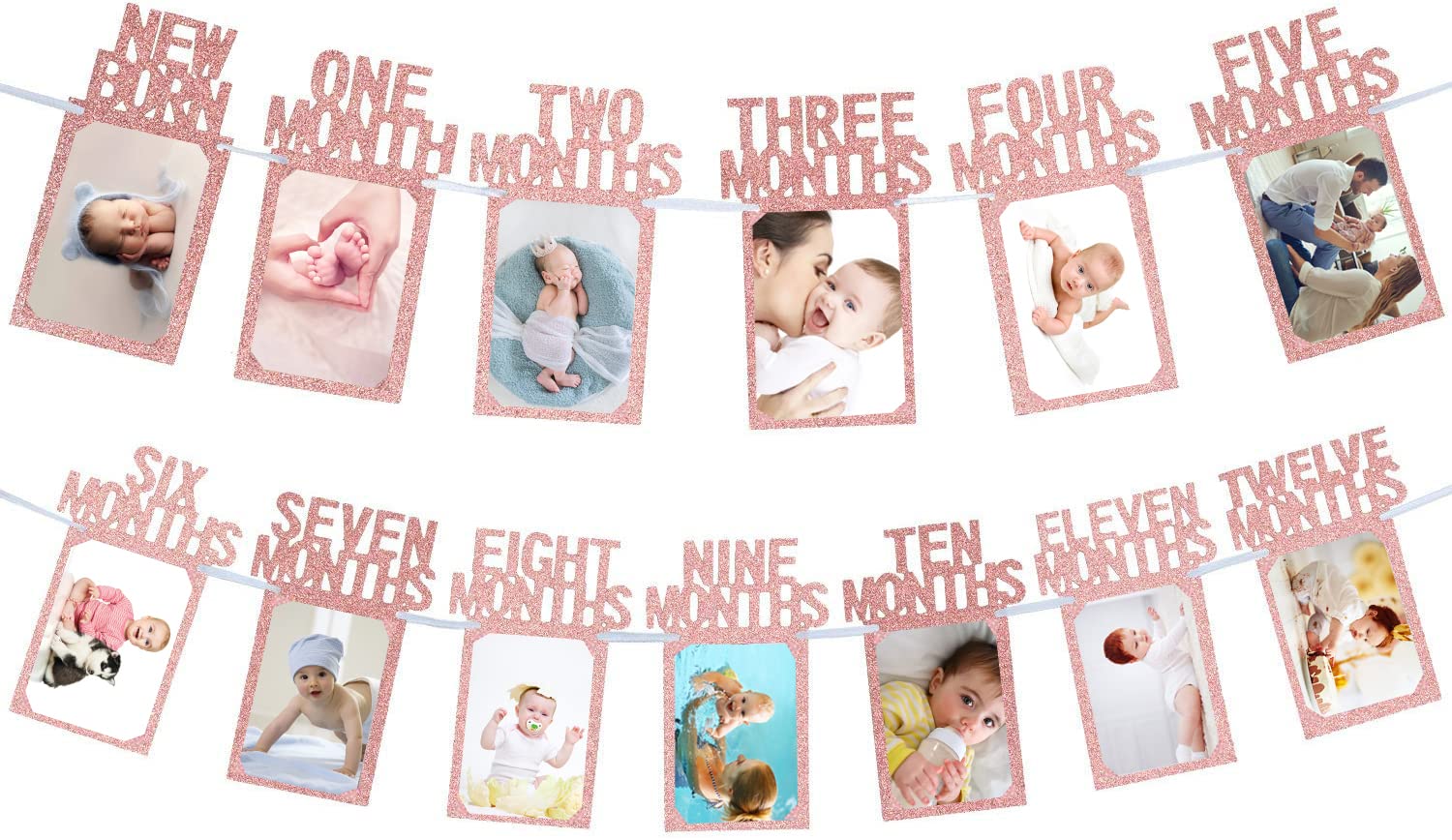 Newmemo 1st Birthday Baby Photo Banner for Girls Baby First Birthday Photograph Banner From Newborn to 12 Month Rose Gold Monthly Milestone Bunting Garland Safari Jungle Baby Shower Birthday Decor