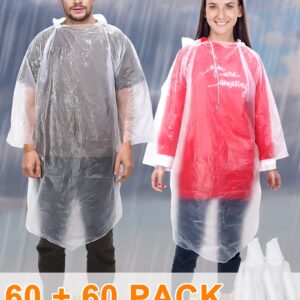 JaGely 120 Pack Disposable Rain Ponchos for Adults Bulk Emergency Travel Essential Family Pack Operation Raincoat with Hood(Clear)