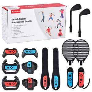 innoaura 14 in 1 switch sports accessories bundle, switch sports bundle with switch steering wheel, j-con grip, tennis racket, glof club, leg strap, wrist strap compatible with switch/switch oled