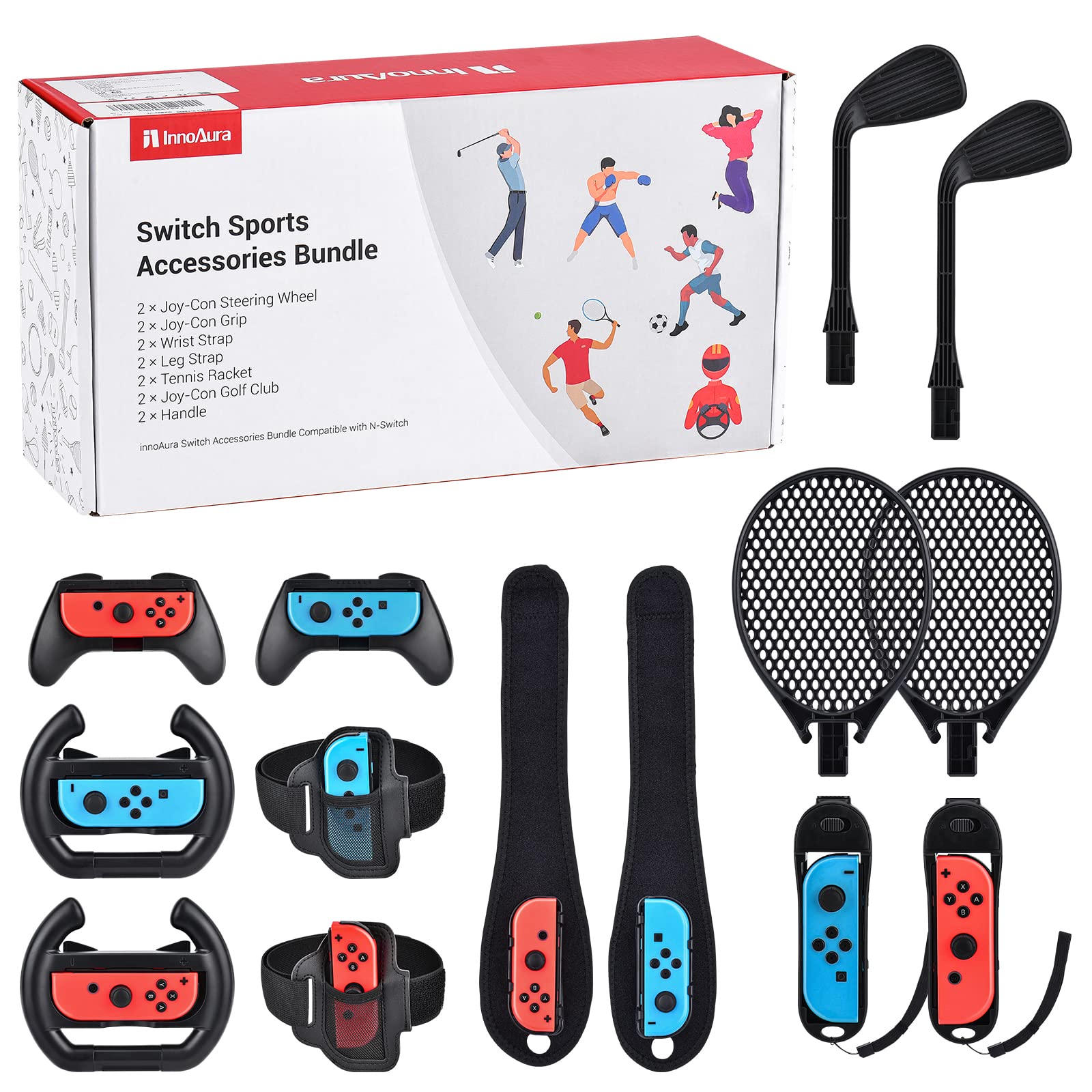 innoAura 14 in 1 Switch Sports Accessories Bundle, Switch Sports Bundle with Switch Steering Wheel, J-con Grip, Tennis Racket, Glof Club, Leg Strap, Wrist Strap Compatible with Switch/Switch OLED