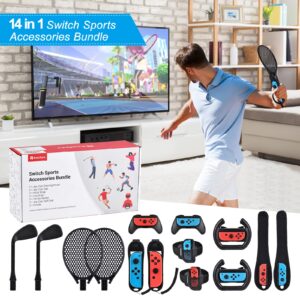 innoAura 14 in 1 Switch Sports Accessories Bundle, Switch Sports Bundle with Switch Steering Wheel, J-con Grip, Tennis Racket, Glof Club, Leg Strap, Wrist Strap Compatible with Switch/Switch OLED