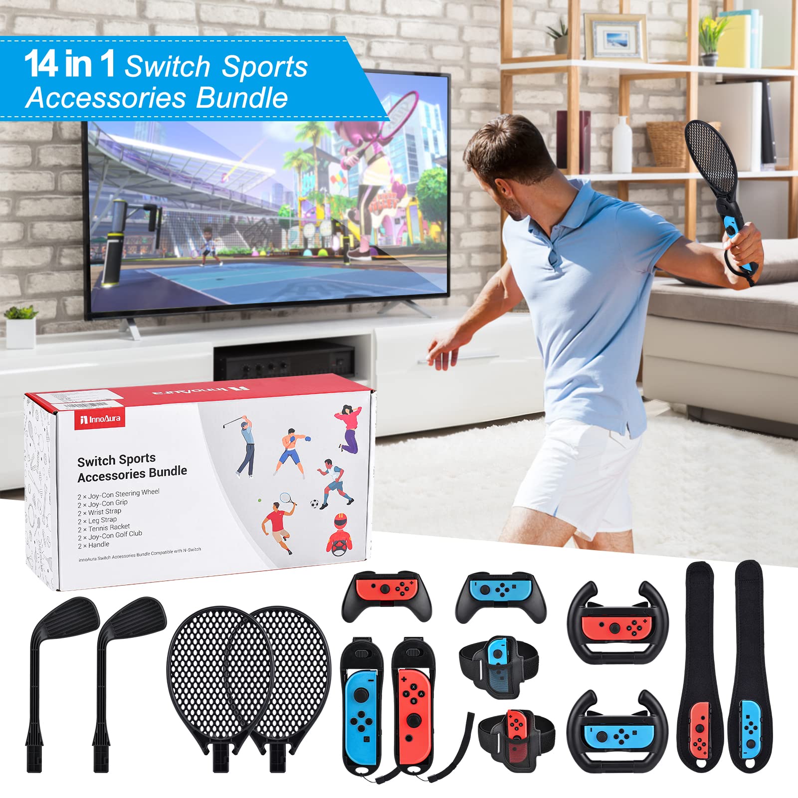 innoAura 14 in 1 Switch Sports Accessories Bundle, Switch Sports Bundle with Switch Steering Wheel, J-con Grip, Tennis Racket, Glof Club, Leg Strap, Wrist Strap Compatible with Switch/Switch OLED