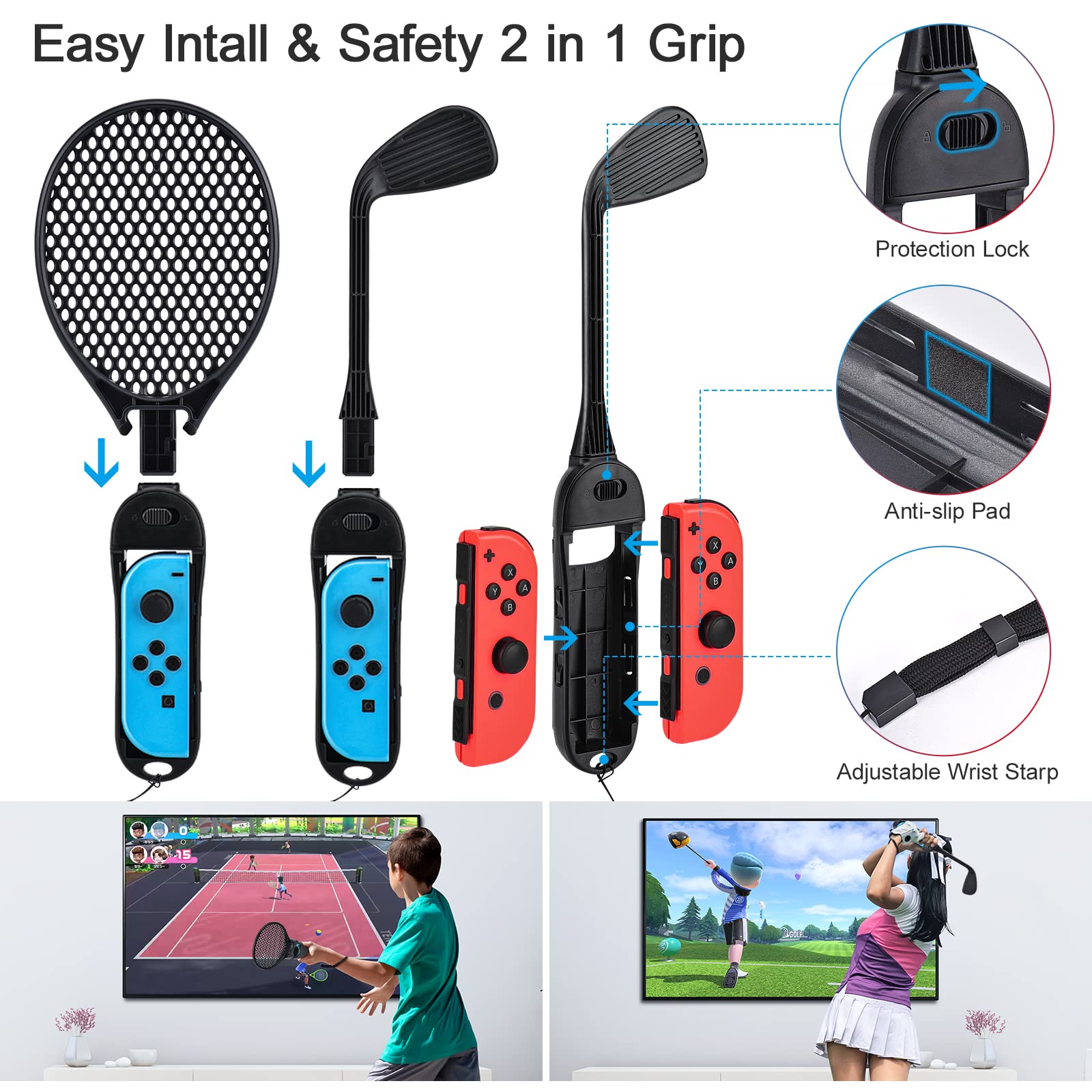 innoAura 14 in 1 Switch Sports Accessories Bundle, Switch Sports Bundle with Switch Steering Wheel, J-con Grip, Tennis Racket, Glof Club, Leg Strap, Wrist Strap Compatible with Switch/Switch OLED