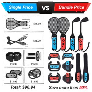 innoAura 14 in 1 Switch Sports Accessories Bundle, Switch Sports Bundle with Switch Steering Wheel, J-con Grip, Tennis Racket, Glof Club, Leg Strap, Wrist Strap Compatible with Switch/Switch OLED