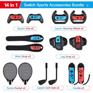 innoAura 14 in 1 Switch Sports Accessories Bundle, Switch Sports Bundle with Switch Steering Wheel, J-con Grip, Tennis Racket, Glof Club, Leg Strap, Wrist Strap Compatible with Switch/Switch OLED