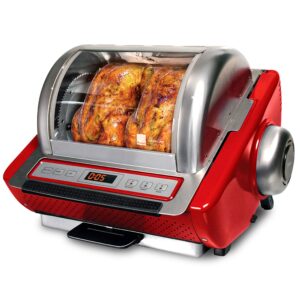 ronco ez-store rotisserie oven, gourmet cooking at home, cooks perfectly roasted chickens, turkey, pork, roasts & burgers, large capacity, 3 cooking options: roast, sear, no heat rotation, red