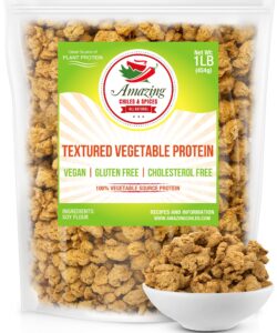 textured vegetable protein (tvp), 1 lb. bag, natural plant based vegan protein chunks, non-gmo and gluten free crumbles, cholesterol free by amazing chiles