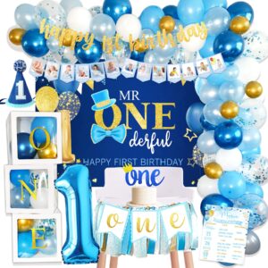 baby boy 1st birthday decorations supplies, 1st birthday boy decorations, baby first birthday decorations for boy, first birthday balloon boxes, backdrop, high chair banner, crown, photo banner