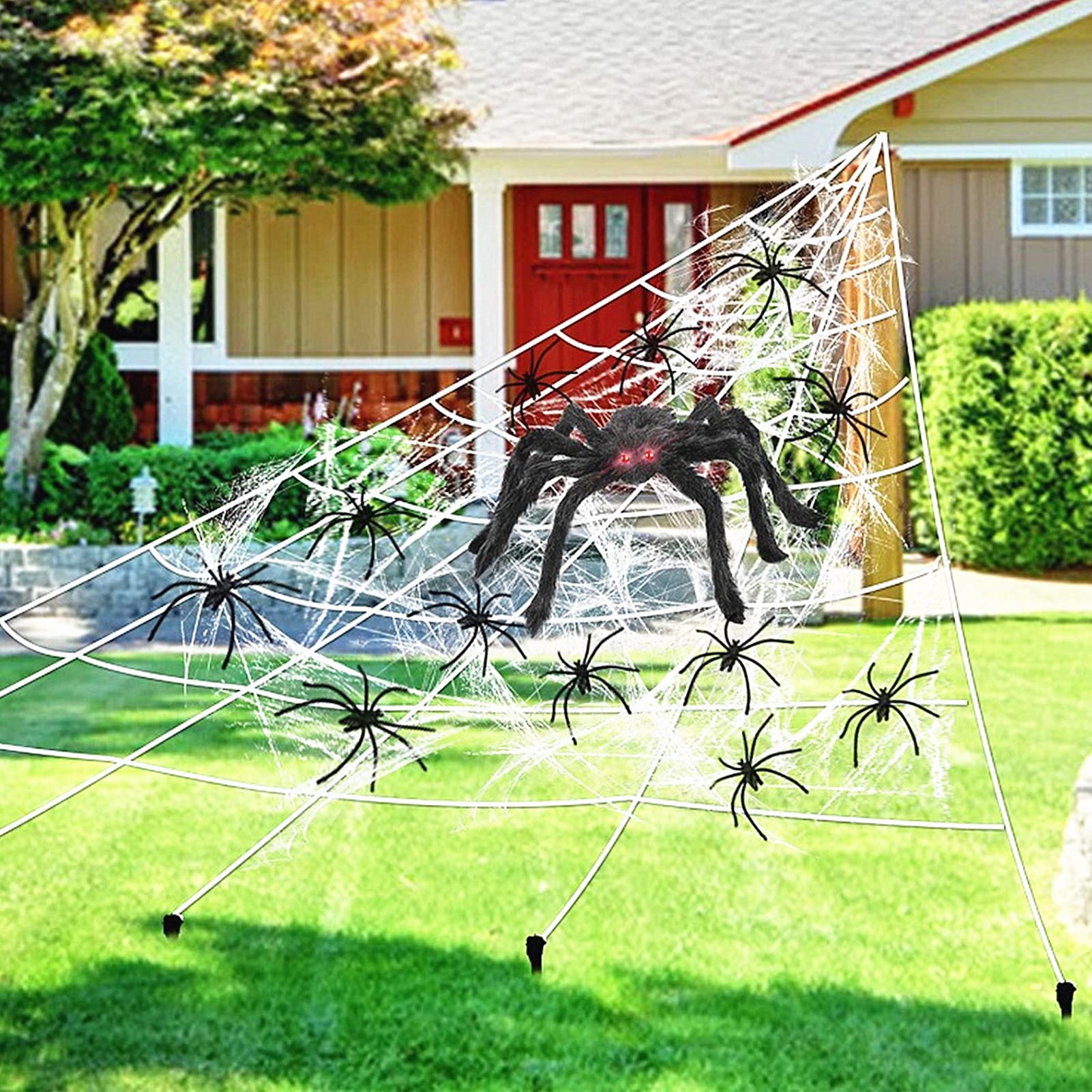 Halloween Spider Web Decoration Outside 16ft + Giant Spider 35" + Stretchy Dense Spider Silk Rope and 2 Small Spiders Triangular Huge Spider Web for Yard Outdoor