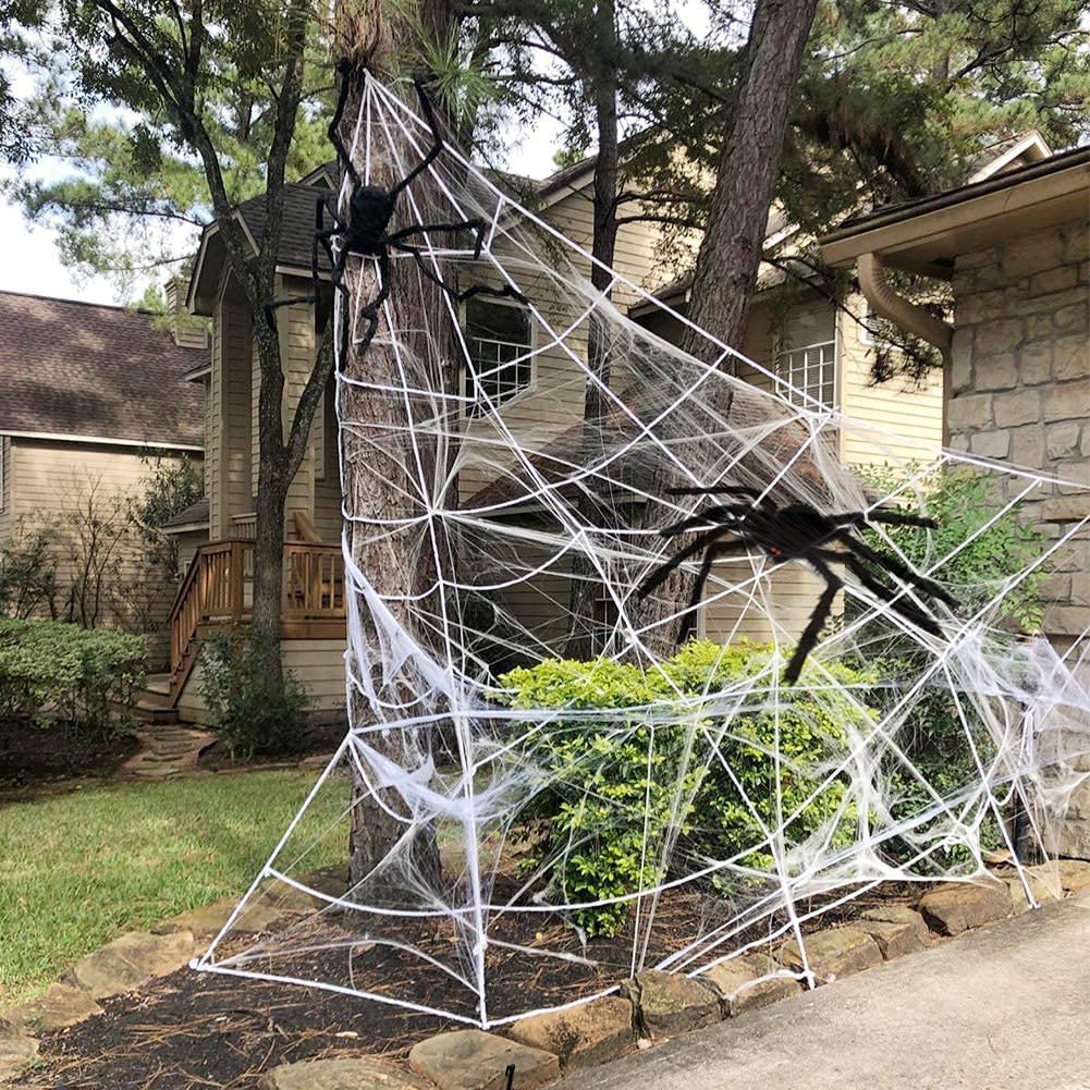 Halloween Spider Web Decoration Outside 16ft + Giant Spider 35" + Stretchy Dense Spider Silk Rope and 2 Small Spiders Triangular Huge Spider Web for Yard Outdoor