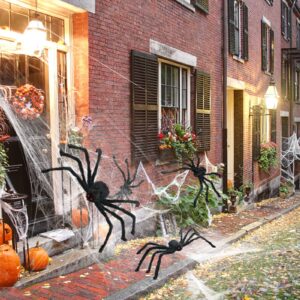 Halloween Spider Web Decoration Outside 16ft + Giant Spider 35" + Stretchy Dense Spider Silk Rope and 2 Small Spiders Triangular Huge Spider Web for Yard Outdoor