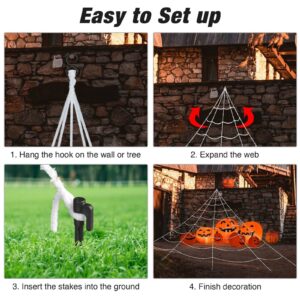 Halloween Spider Web Decoration Outside 16ft + Giant Spider 35" + Stretchy Dense Spider Silk Rope and 2 Small Spiders Triangular Huge Spider Web for Yard Outdoor