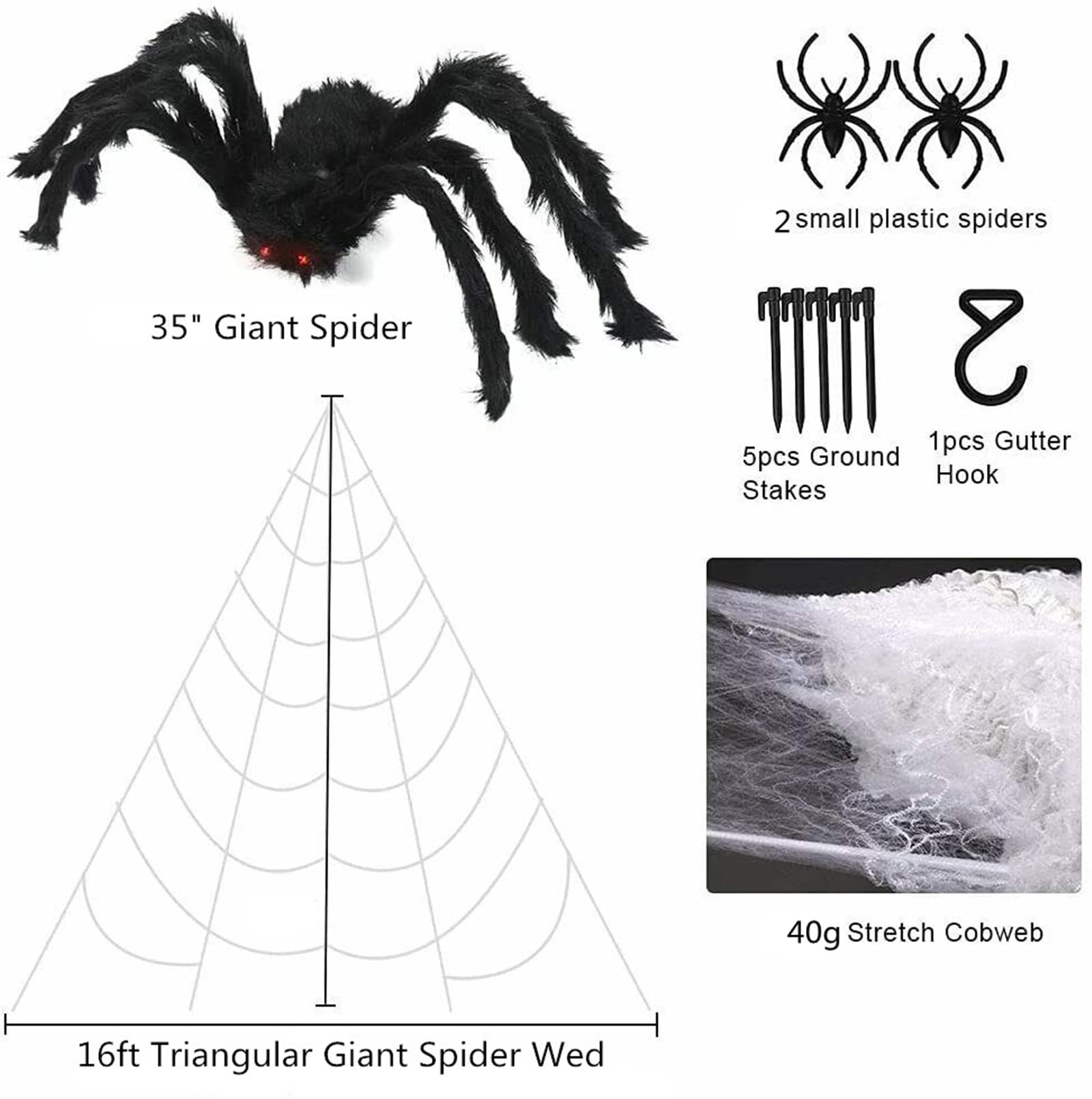 Halloween Spider Web Decoration Outside 16ft + Giant Spider 35" + Stretchy Dense Spider Silk Rope and 2 Small Spiders Triangular Huge Spider Web for Yard Outdoor