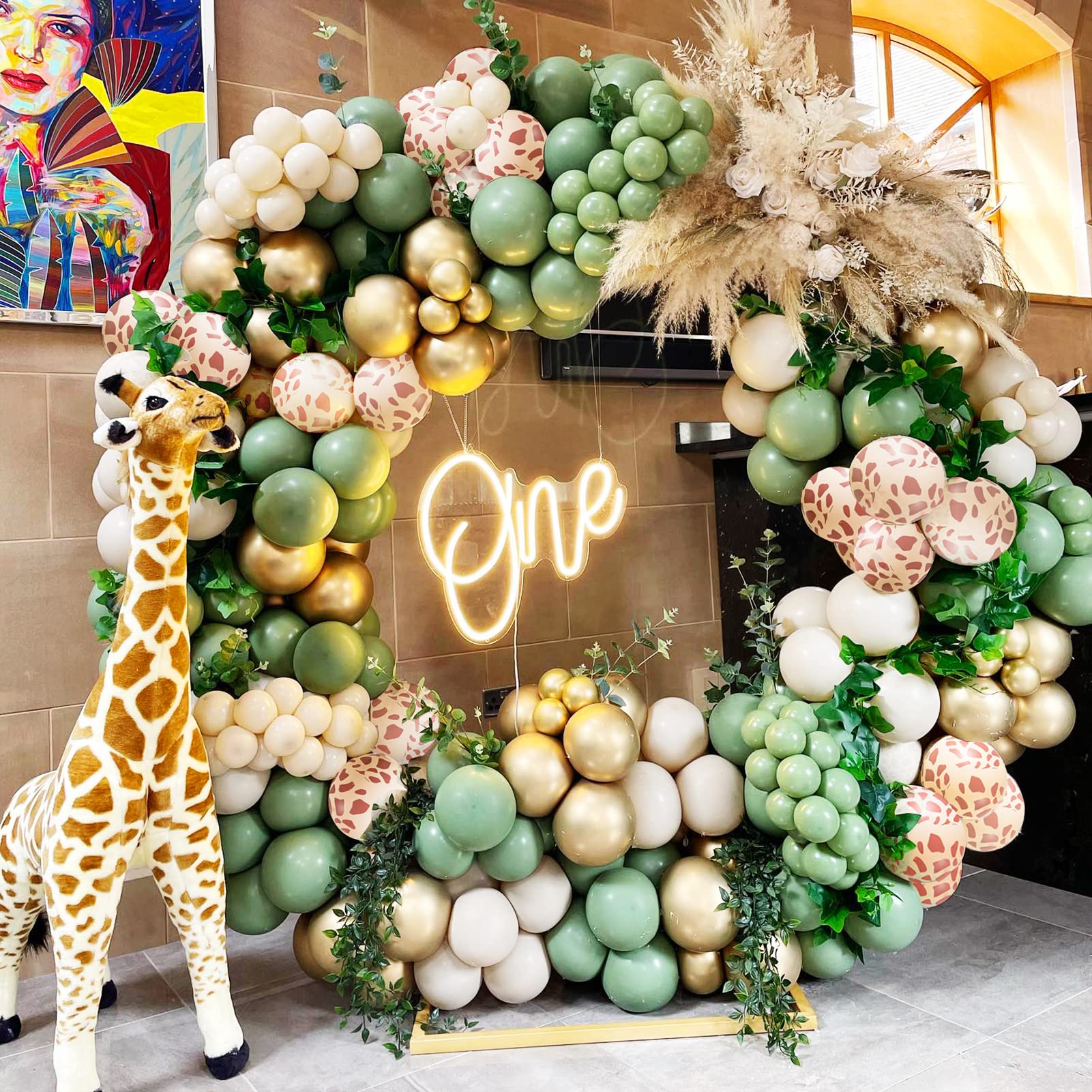 Safari Balloon Garland Kit Sage Green Gold White sand and Jungle giraffe animal print balloons For safari Themed Party Wild one Birthday,Boho Baby shower decorations