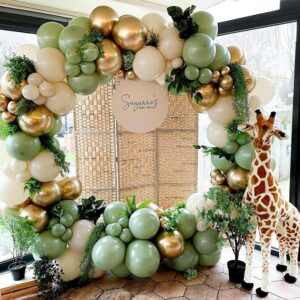 Safari Balloon Garland Kit Sage Green Gold White sand and Jungle giraffe animal print balloons For safari Themed Party Wild one Birthday,Boho Baby shower decorations