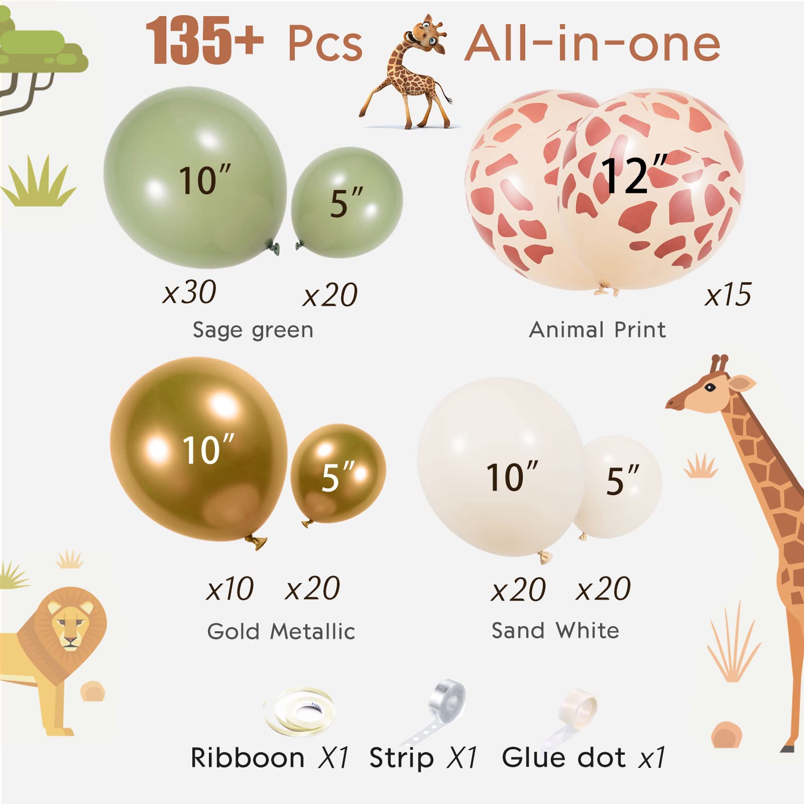 Safari Balloon Garland Kit Sage Green Gold White sand and Jungle giraffe animal print balloons For safari Themed Party Wild one Birthday,Boho Baby shower decorations