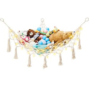 techmilly stuffed animal storage hammock - 1 pack boho plush jumbo toy hanging corner net with led for nursery, kids bedroom, play room