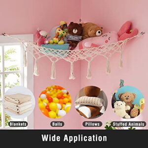 TECHMILLY Stuffed Animal Storage Hammock - 1 Pack Boho Plush Jumbo Toy Hanging Corner Net with LED for Nursery, Kids Bedroom, Play Room