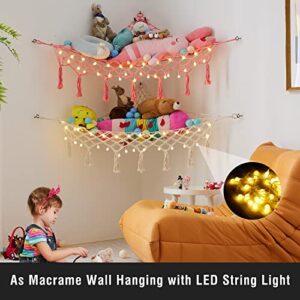 TECHMILLY Stuffed Animal Storage Hammock - 1 Pack Boho Plush Jumbo Toy Hanging Corner Net with LED for Nursery, Kids Bedroom, Play Room