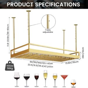 KEPMOGOH Ceiling Wine Glass Rack, Adjustable Hanging Metal Wine Holder Cabinet, Floating Iron Bottle Holder Wine Shelf, Wall-Mounted Wine Rack Storage Shelve for Bar Cafe Kitchen Party (23.6in)