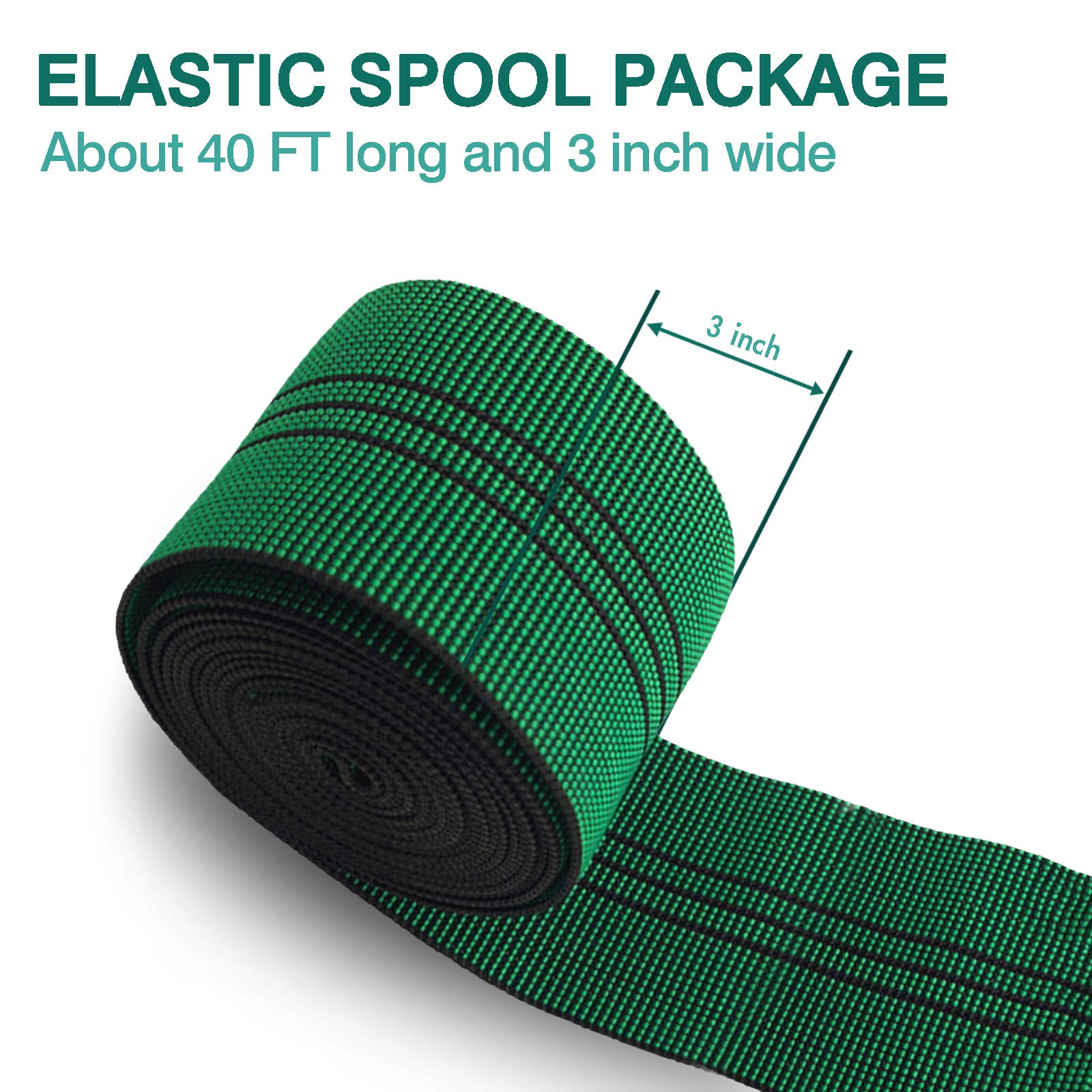 QQCASE Sofa Elastic Webbing, Stretch Latex Band, Furniture Repair DIY Upholstery Modification, Lawn Chair Couch Material Replacement, Spring Alternative -3 Inch Wide x 60 Ft Long,1 Roll Green.