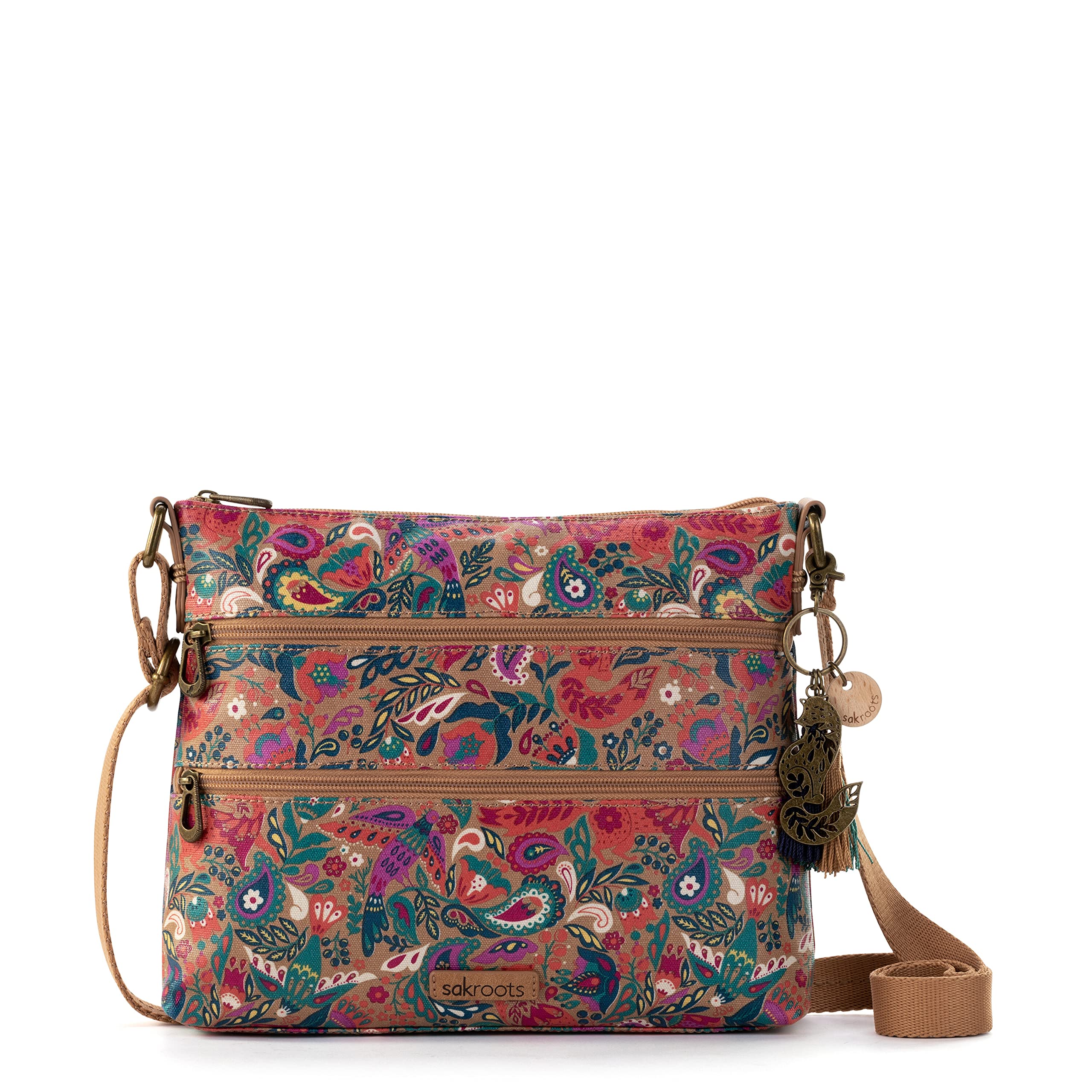 Sakroots Artist Circle Basic Crossbody Bag in Canvas, Multifunctional Purse, Camel Enchanted Forest