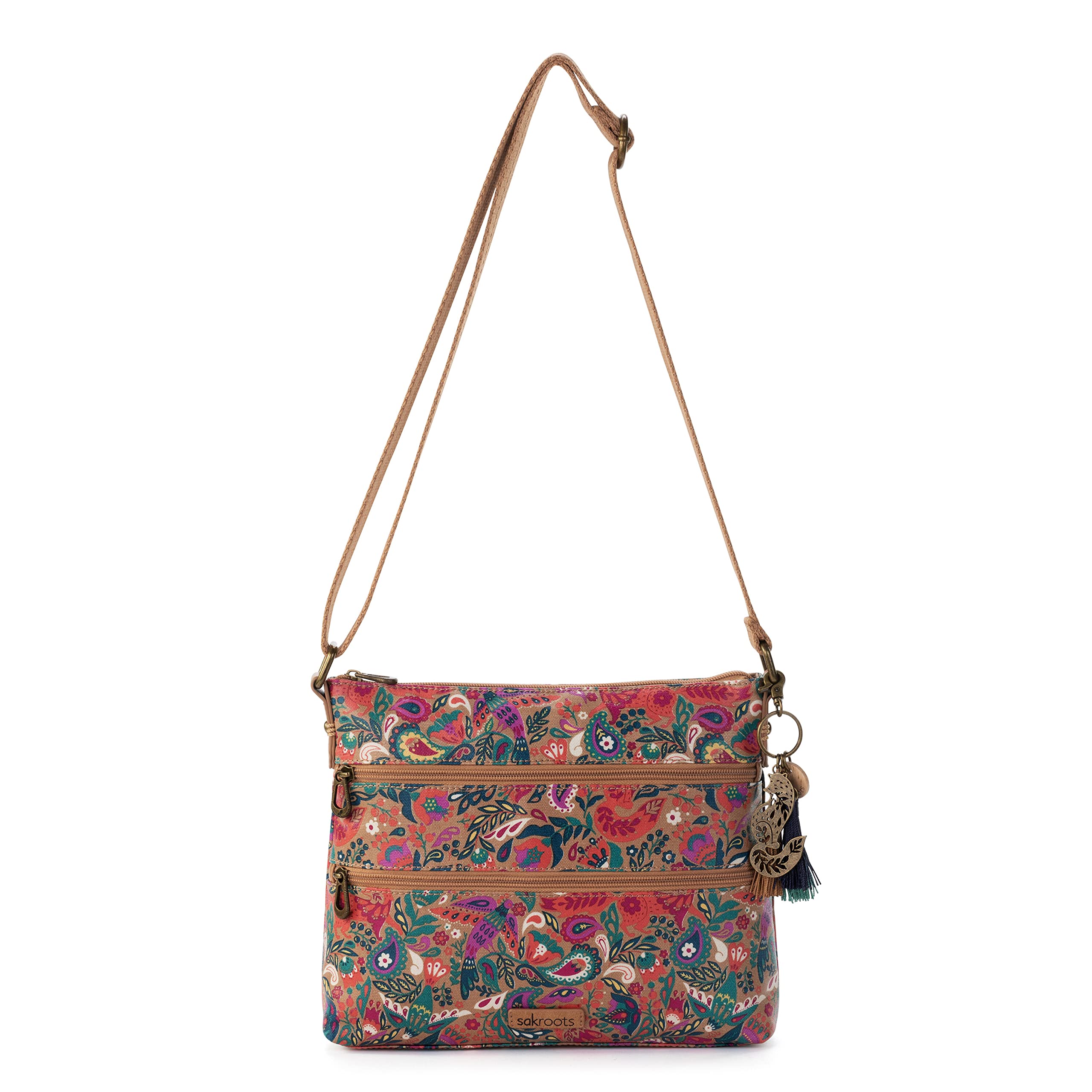 Sakroots Artist Circle Basic Crossbody Bag in Canvas, Multifunctional Purse, Camel Enchanted Forest