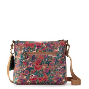 Sakroots Artist Circle Basic Crossbody Bag in Canvas, Multifunctional Purse, Camel Enchanted Forest