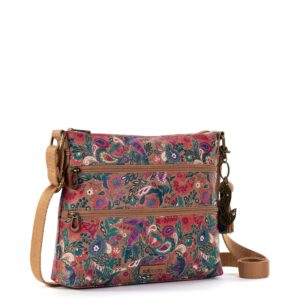 Sakroots Artist Circle Basic Crossbody Bag in Canvas, Multifunctional Purse, Camel Enchanted Forest