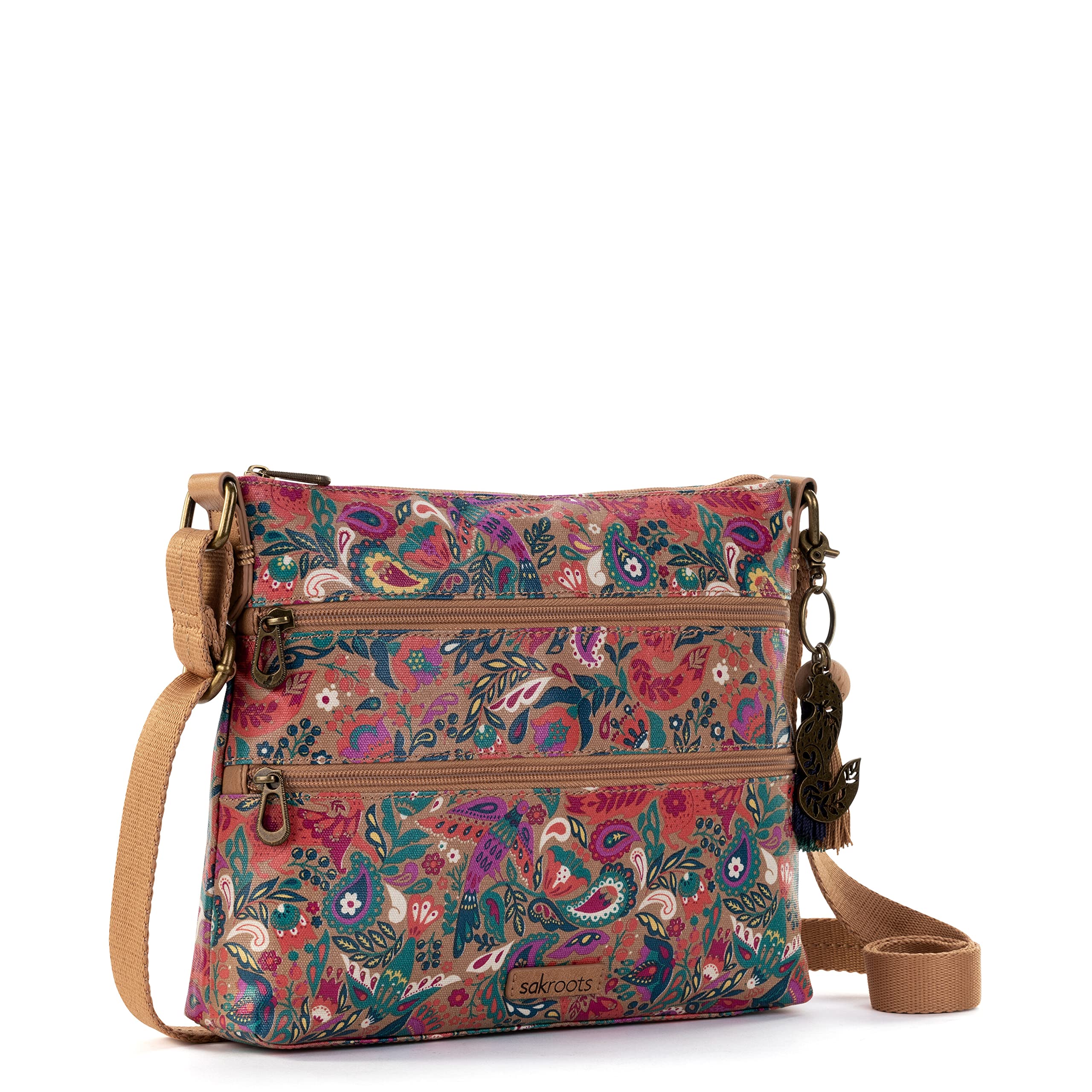 Sakroots Artist Circle Basic Crossbody Bag in Canvas, Multifunctional Purse, Camel Enchanted Forest