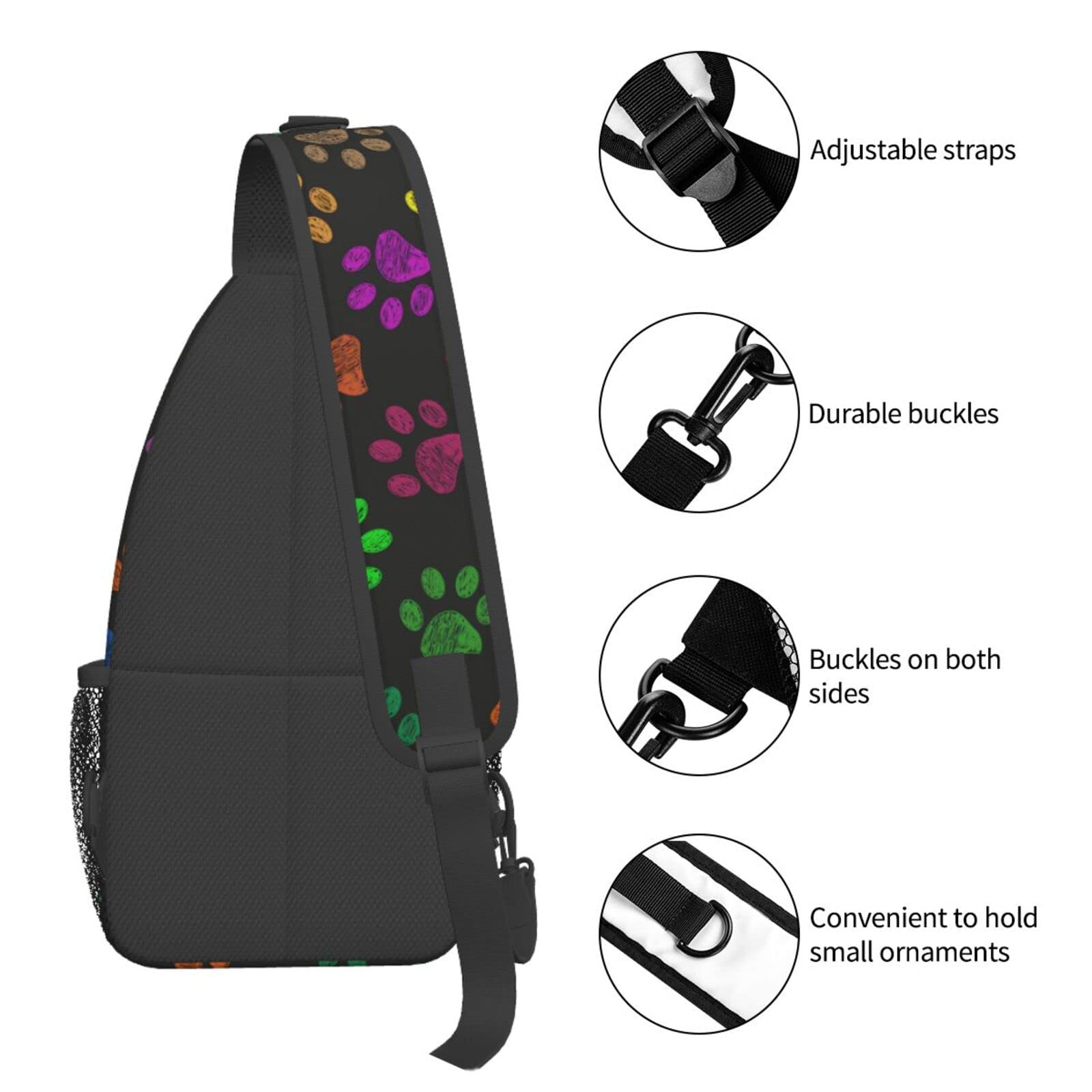 Hand Drawn Colorful Paw Prints Sling Bag For Women Men,Crossbody Shoulder Bags Casual Sling Backpack Chest Bag Travel Hiking Daypack For Outdoor