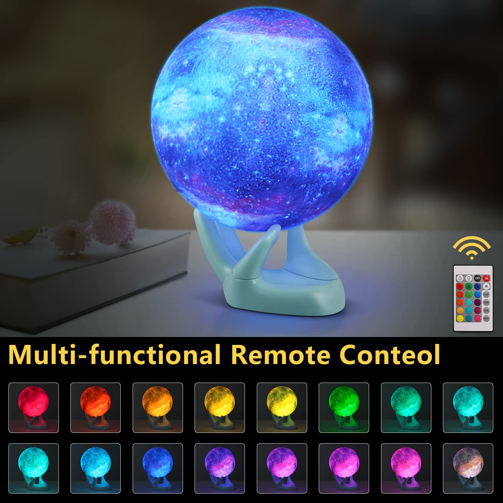 16TUYOUTU 16 Colors Moon Lamp,Lava Lamp,Moon Night Lights for Kids,Galaxy Lamp,3D Moon Lights for Bedroom,Bedroom Gift for Kids Boys Girls Birthday Christmas (5.9 inch, Light Blue （Base）