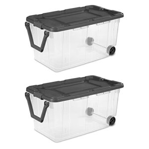 sterilite 160 quart plastic stacker box, lidded storage bin container for home and garage organizing, shoes, tools, clear base & gray lid, 2-pack