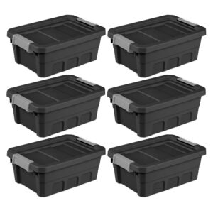 sterilite 4 gallon plastic stacker tote, heavy duty lidded storage bin container for stackable garage and basement organization, black, 6-pack