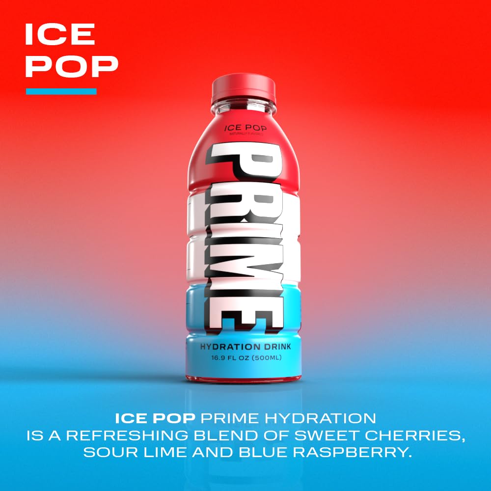 PRIME Hydration ICE POP | Sports Drinks | Electrolyte Enhanced for Ultimate Hydration | 250mg BCAAs | B Vitamins | Antioxidants | 2g Of Sugar | 16.9 Fluid Ounce | 12 Pack