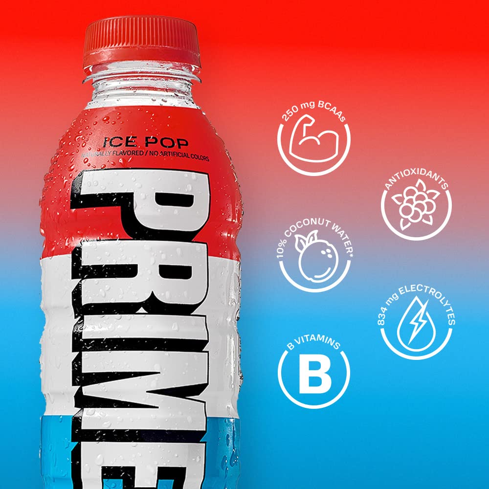 PRIME Hydration ICE POP | Sports Drinks | Electrolyte Enhanced for Ultimate Hydration | 250mg BCAAs | B Vitamins | Antioxidants | 2g Of Sugar | 16.9 Fluid Ounce | 12 Pack