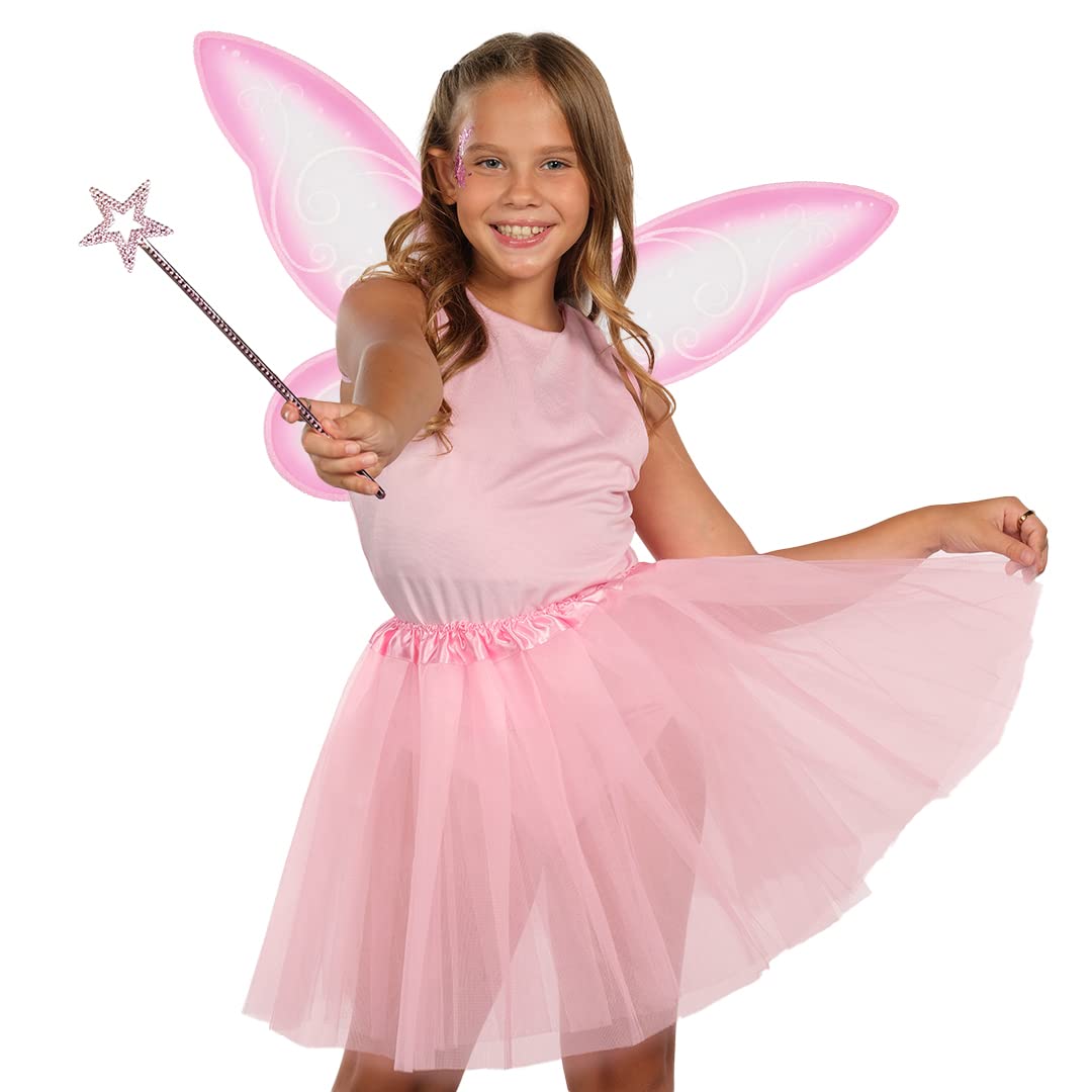 Funcredible Fairy Costume Accessories - Pink Fairy Wings and Fairy Star Wand, Glitter - Tooth Fairy Cosplay Outfit for Women and Girls