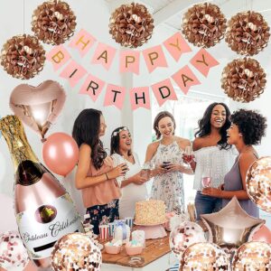 SOMAYO Birthday Decorations Rose Gold Balloons, Birthday Decorations for Women and Girls, Rose Gold Party Decorations Set,Happy Birthday Banner,Metallic Rose Gold Confetti Balloons, Foil Balloons.