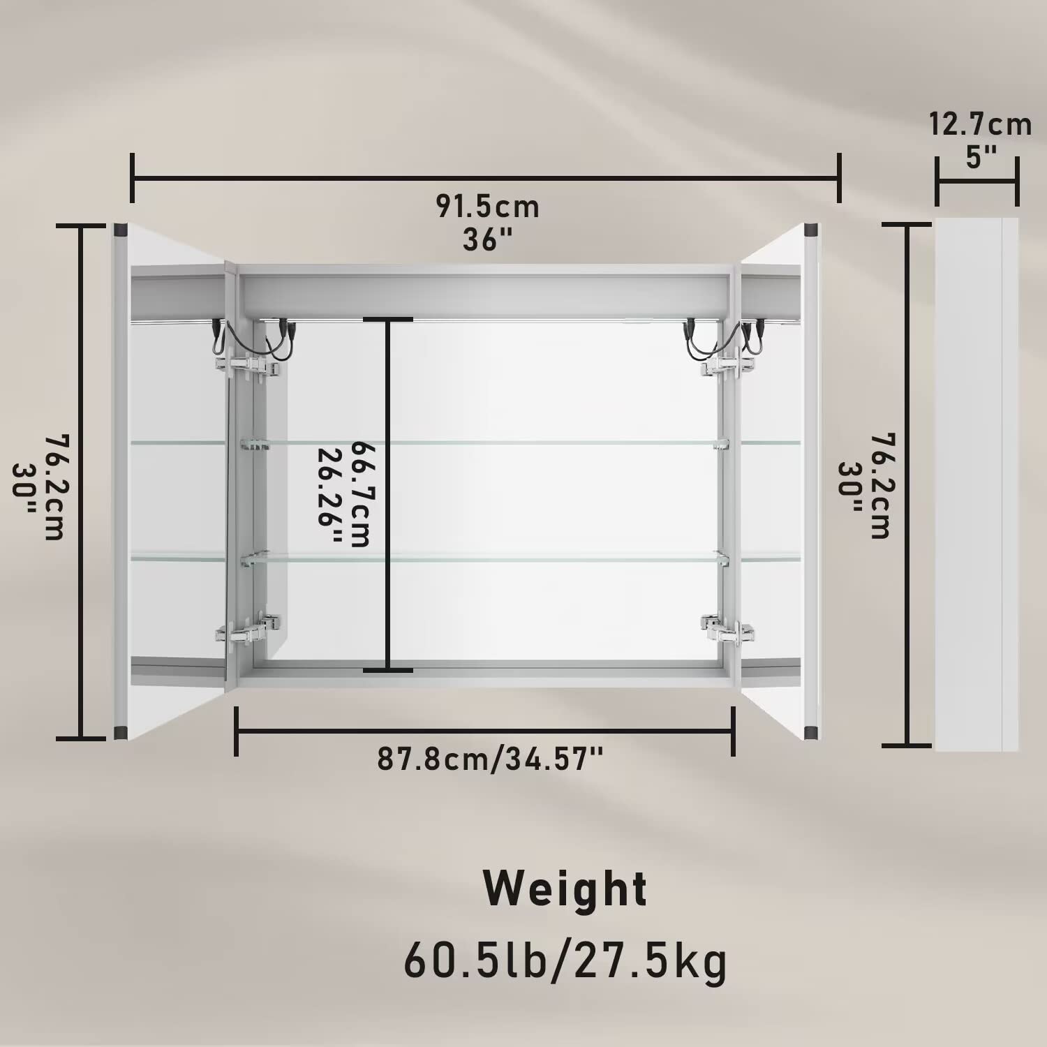 MIRPLUS 36x30 inch Medicine Cabinet with LED Vanity Mirror, Anti-Fog Recessed or Surface Mount Bathroom Double Door Large Storage 6000K Bright Lighted Aluminum Storage Cabinet with Touch Switch