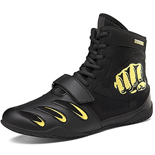 Men's Womens Breathable Wrestling Shoes Non-Slip Ankle Guard Squat Boxing High Top Training Boots Athletic Gym Shoes Black Yellow