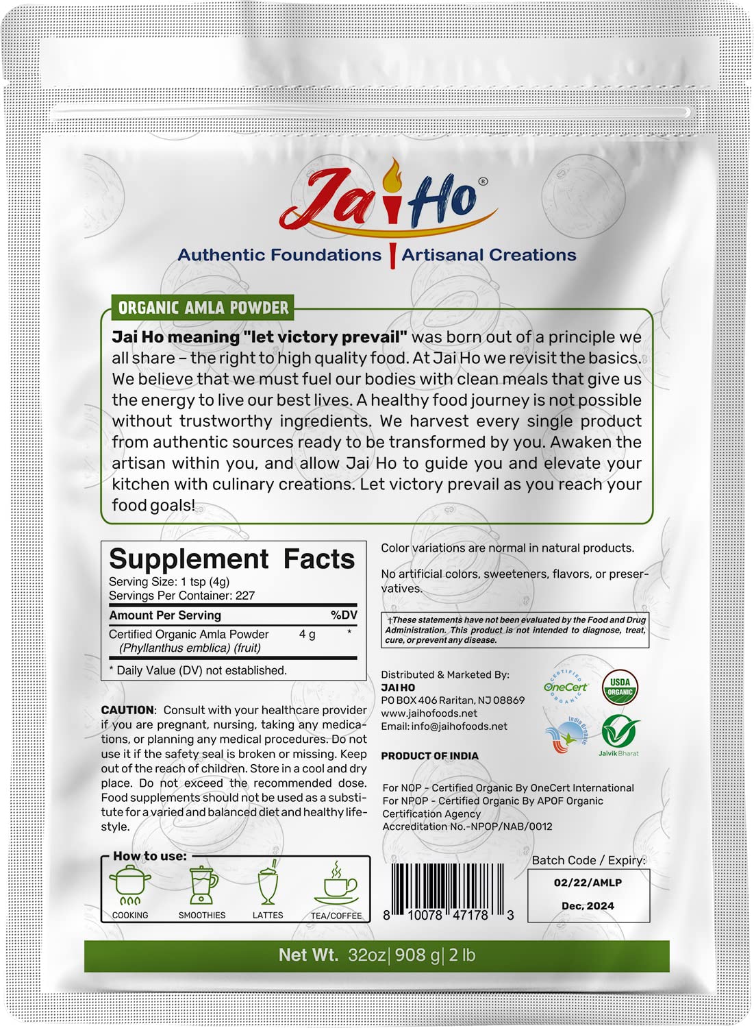 Jai Ho Certified Organic Amla Berry Powder (Amalaki), 2 LB - Rich in Antioxidant Vitamin C | Supports ImmunityGluten Free, Vegan, Non-GMO - Resealable Zip Lock Pouch