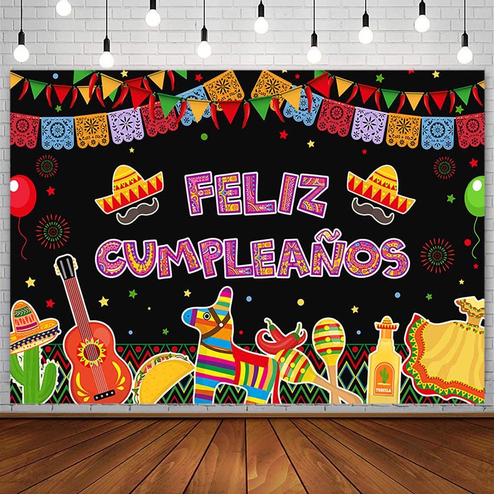 SENDY 7x5ft Feliz Cumpleaños Backdrop Mexican Fiesta Happy Birthday Party Decorations Supplies Cactus Balloons Mexico Cinco De Mayo Carnival Bday Cake Table Banner Photography Background Photo Props