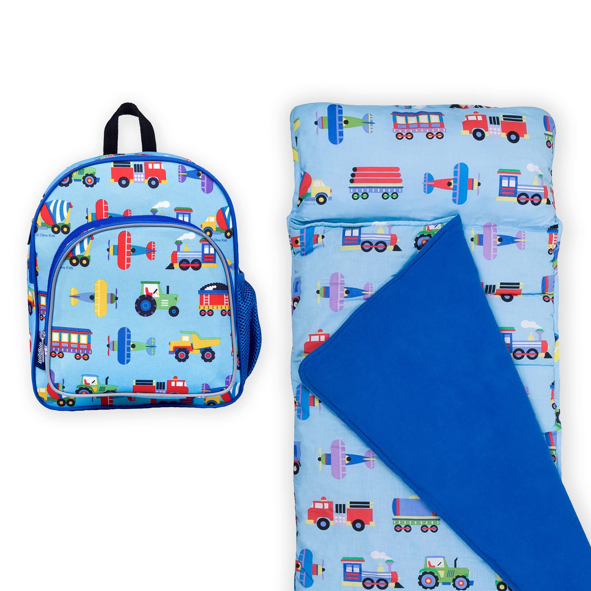 Wildkin 12 Inch Backpack Bundle with Original Nap Mat (Trains, Planes & Trucks)