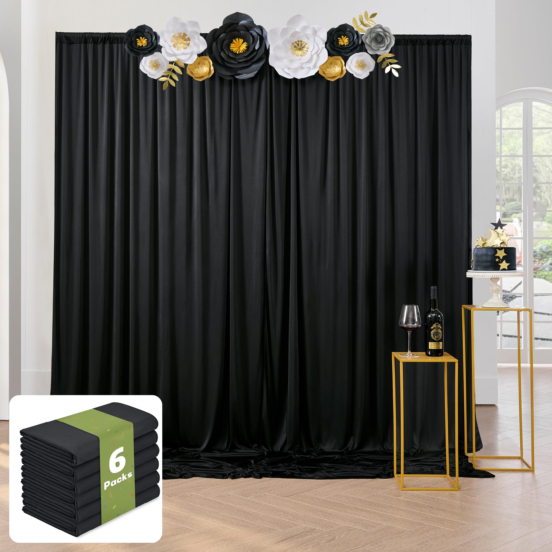 10 ft x 30 ft Wrinkle Free Black Backdrop Curtain Panels, Polyester Photography Backdrop Drapes, Wedding Party Home Decoration Supplies